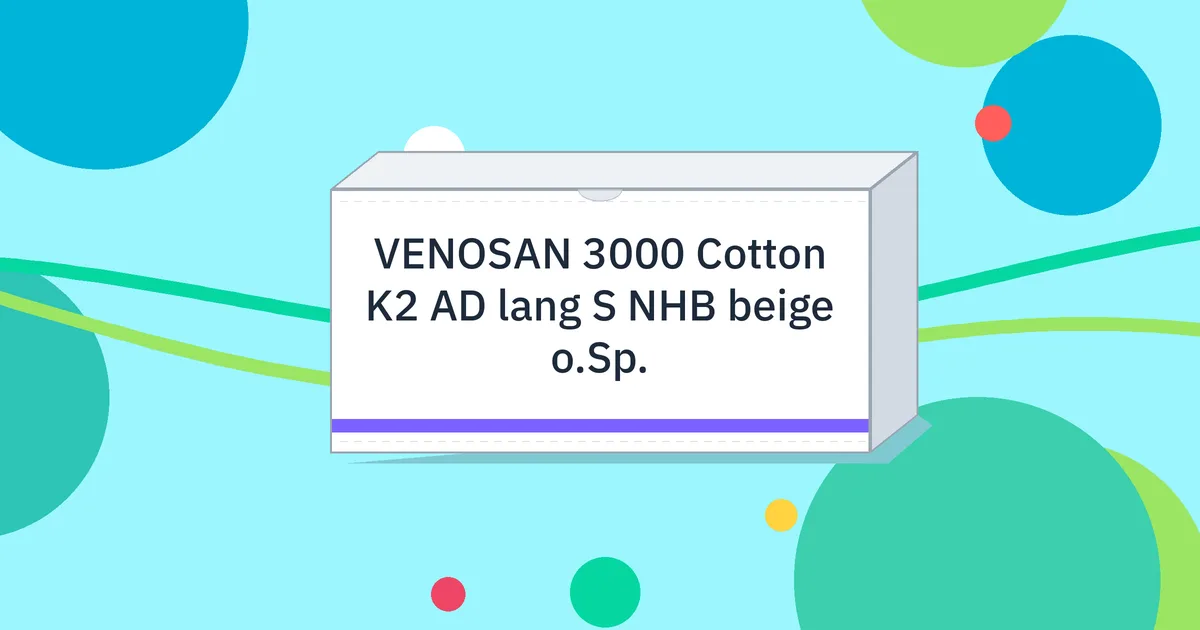 Symbolbild: Packung mit der Aufschrift VENOSAN 3000 Cotton K2 AD lang S NHB beige o.Sp. (PZN 14421308) – Verfügbarkeit und Bezug in Apotheken in Frankfurt am Main