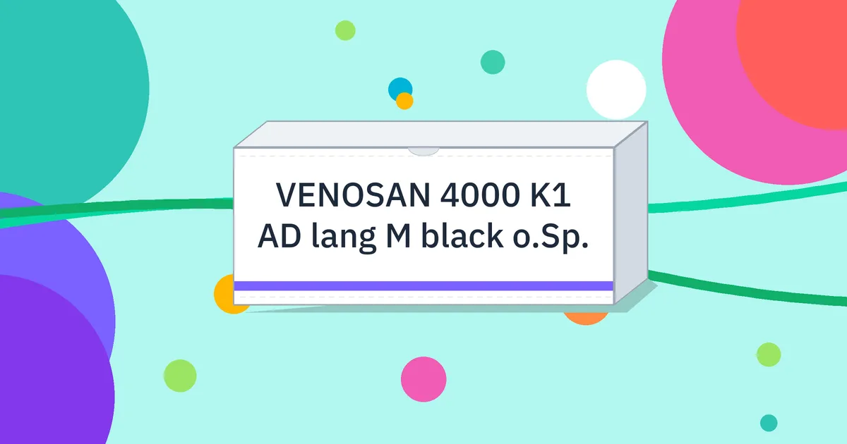 Symbolbild: Packung mit der Aufschrift VENOSAN 4000 K1 AD lang M black o.Sp. (PZN 14426286) – Verfügbarkeit und Bezug in Apotheken in Frankfurt am Main