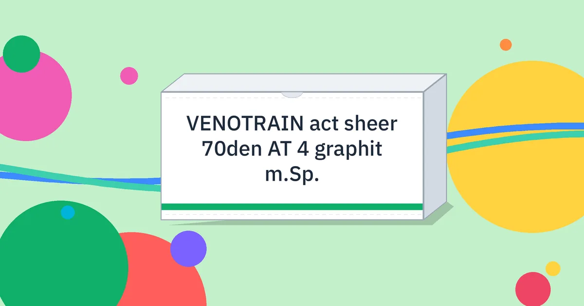 Symbolbild: Packung mit der Aufschrift VENOTRAIN act sheer 70den AT 4 graphit m.Sp. (PZN 16206815) – Verfügbarkeit und Bezug in Apotheken in Frankfurt am Main