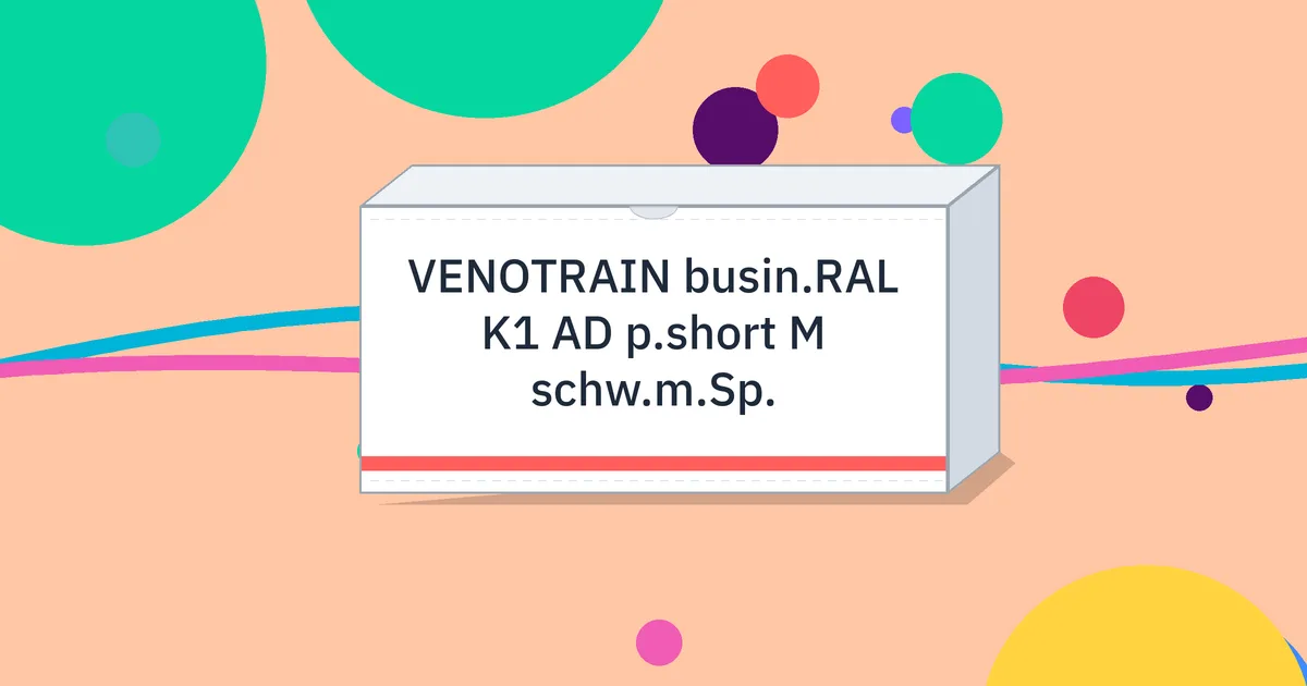 Symbolbild: Packung mit der Aufschrift VENOTRAIN busin.RAL K1 AD p.short M schw.m.Sp. (PZN 06948697) – Verfügbarkeit und Bezug in Apotheken in Frankfurt am Main