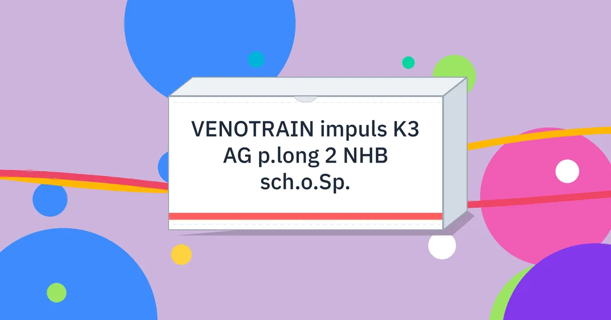 Symbolbild: Packung mit der Aufschrift VENOTRAIN impuls K3 AG p.long 2 NHB sch.o.Sp. (PZN 00542103) – Verfügbarkeit und Bezug in Apotheken in Frankfurt am Main
