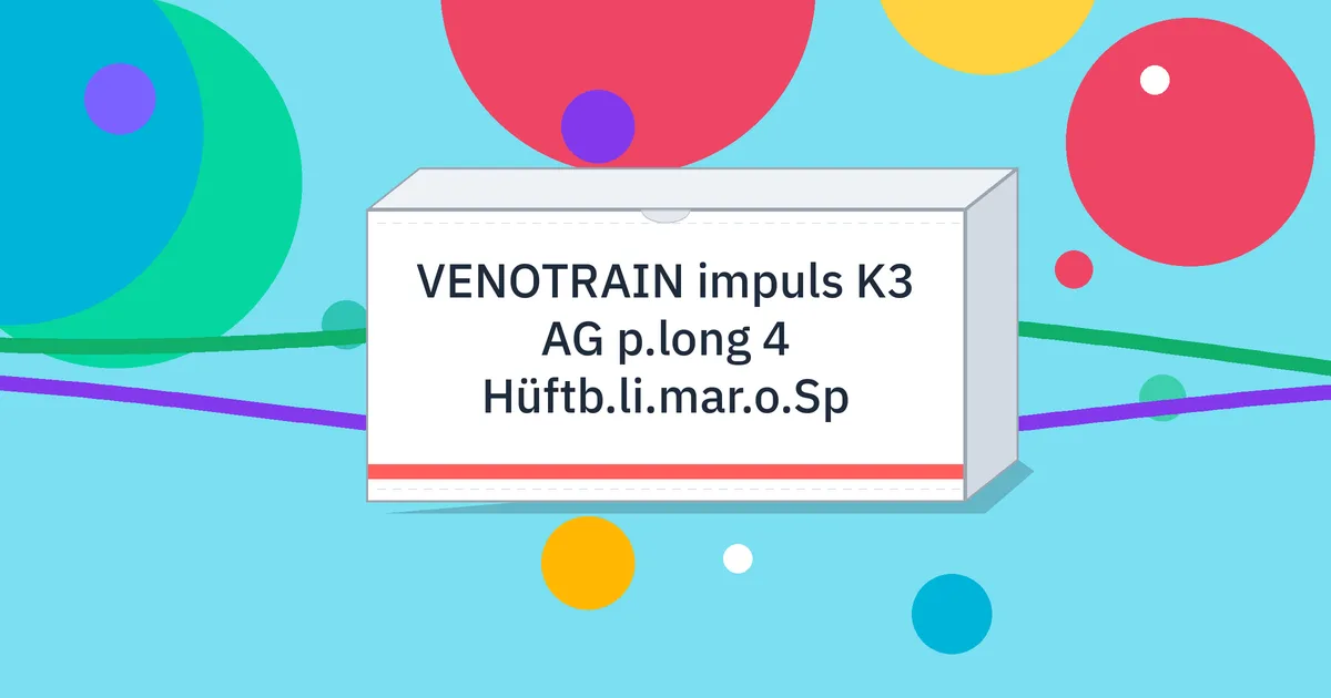 Symbolbild: Packung mit der Aufschrift VENOTRAIN impuls K3 AG p.long 4 Hüftb.li.mar.o.Sp (PZN 15220434) – Verfügbarkeit und Bezug in Apotheken in Frankfurt am Main