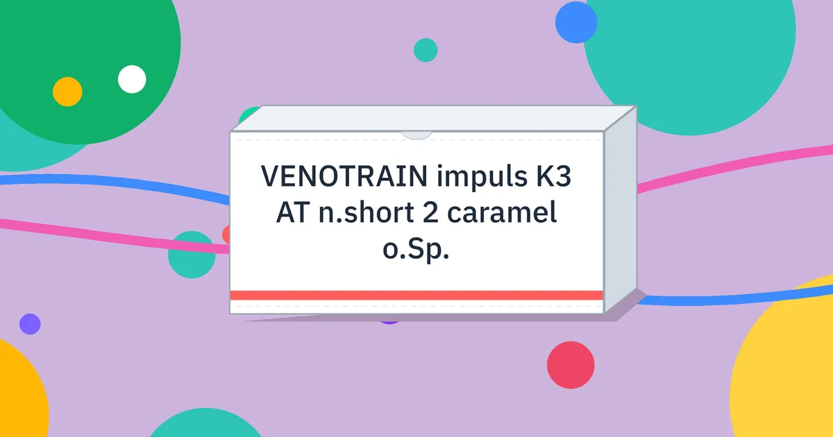 Symbolbild: Packung mit der Aufschrift VENOTRAIN impuls K3 AT n.short 2 caramel o.Sp. (PZN 19355148) – Verfügbarkeit und Bezug in Apotheken in Frankfurt am Main