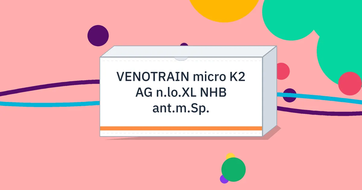 Symbolbild: Packung mit der Aufschrift VENOTRAIN micro K2 AG n.lo.XL NHB ant.m.Sp. (PZN 11064061) – Verfügbarkeit und Bezug in Apotheken in Frankfurt am Main