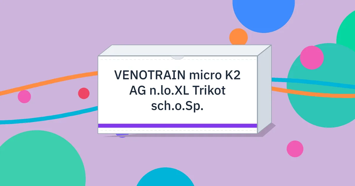 Symbolbild: Packung mit der Aufschrift VENOTRAIN micro K2 AG n.lo.XL Trikot sch.o.Sp. (PZN 02368106) – Verfügbarkeit und Bezug in Apotheken in Frankfurt am Main