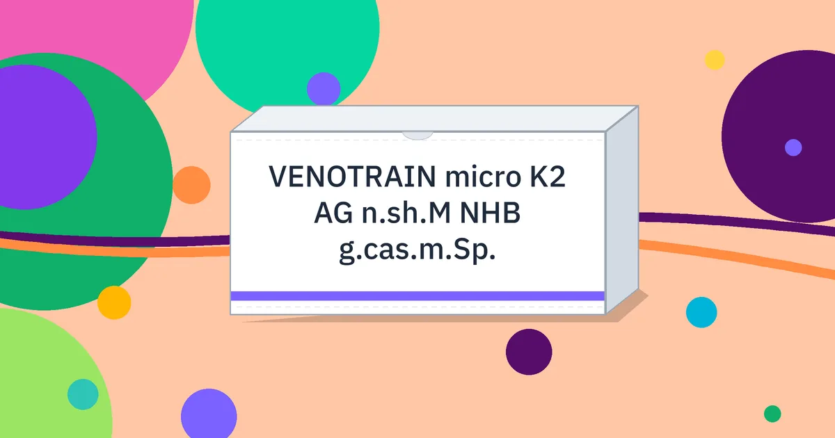 Symbolbild: Packung mit der Aufschrift VENOTRAIN micro K2 AG n.sh.M NHB g.cas.m.Sp. (PZN 20759201) – Verfügbarkeit und Bezug in Apotheken in Frankfurt am Main