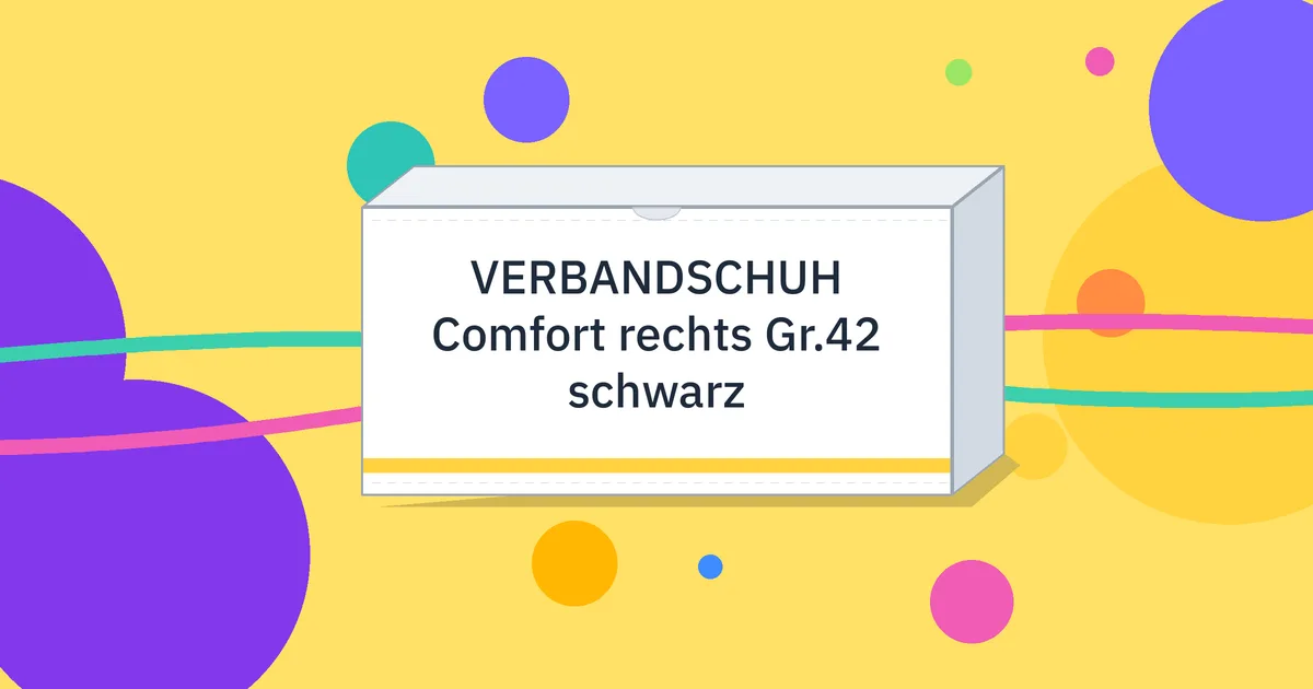 Symbolbild: Packung mit der Aufschrift VERBANDSCHUH Comfort rechts Gr.42 schwarz (PZN 11014844) – Verfügbarkeit und Bezug in Apotheken in Frankfurt am Main