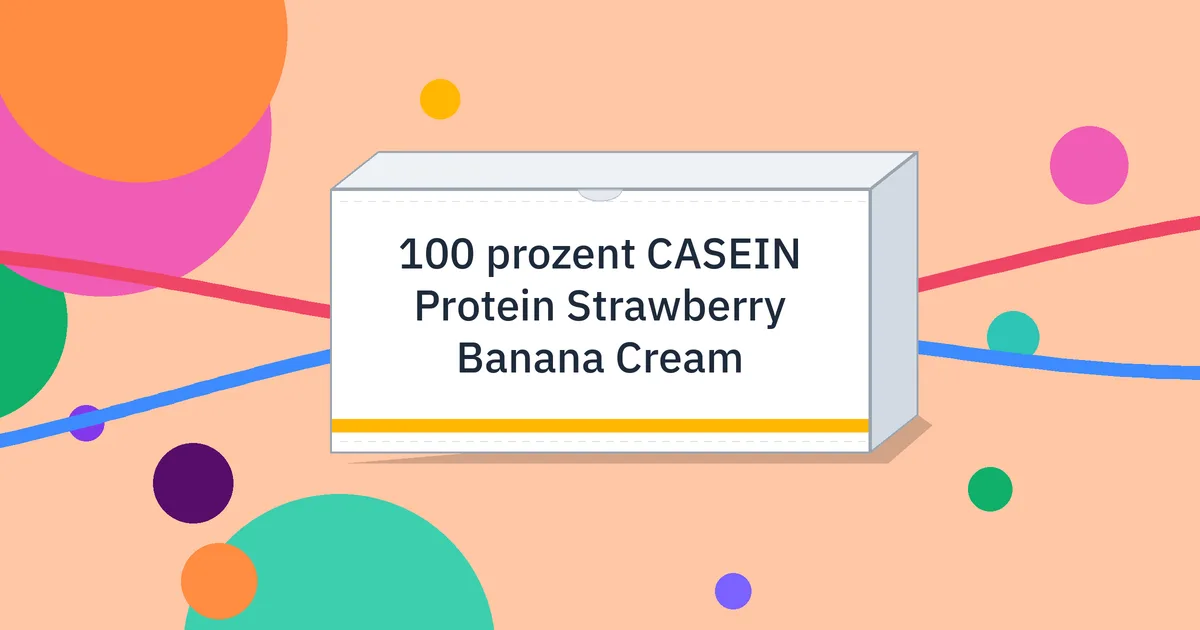 Symbolbild: Packung mit der Aufschrift 100 prozent CASEIN Protein Strawberry Banana Cream (PZN 13364844) – Verfügbarkeit und Bezug in Apotheken in Frankfurt am Main