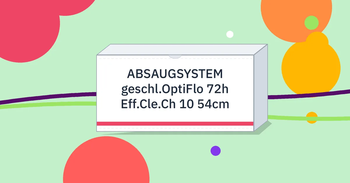 Symbolbild: Packung mit der Aufschrift ABSAUGSYSTEM geschl.OptiFlo 72h Eff.Cle.Ch 10 54cm (PZN 19530568) – Verfügbarkeit und Bezug in Apotheken in Frankfurt am Main