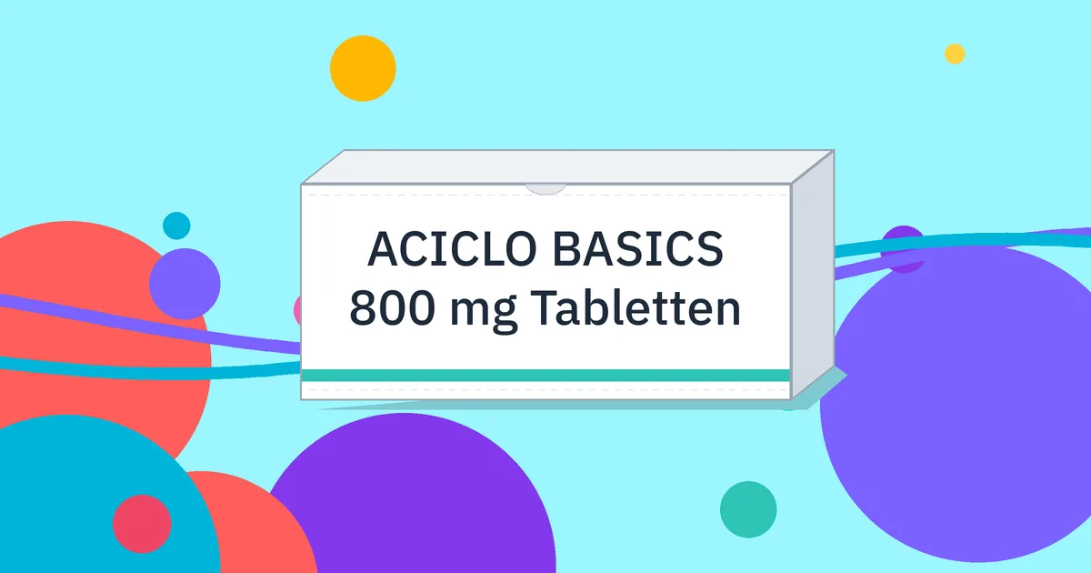 Symbolbild: Packung mit der Aufschrift ACICLO BASICS 800 mg Tabletten (PZN 02758356) – Verfügbarkeit und Bezug in Apotheken in Frankfurt am Main