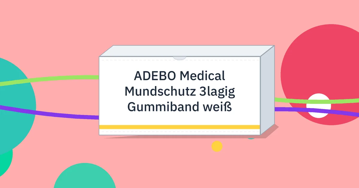 Symbolbild: Packung mit der Aufschrift ADEBO Medical Mundschutz 3lagig Gummiband weiß (PZN 12893575) – Verfügbarkeit und Bezug in Apotheken in Frankfurt am Main