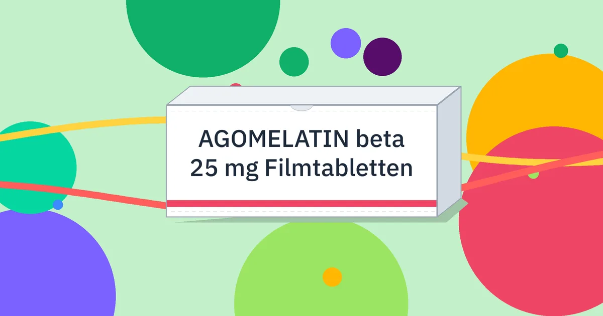 Symbolbild: Packung mit der Aufschrift AGOMELATIN beta 25 mg Filmtabletten (PZN 13982281) – Verfügbarkeit und Bezug in Apotheken in Frankfurt am Main