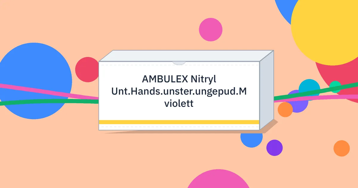 Symbolbild: Packung mit der Aufschrift AMBULEX Nitryl Unt.Hands.unster.ungepud.M violett (PZN 20009486) – Verfügbarkeit und Bezug in Apotheken in Frankfurt am Main