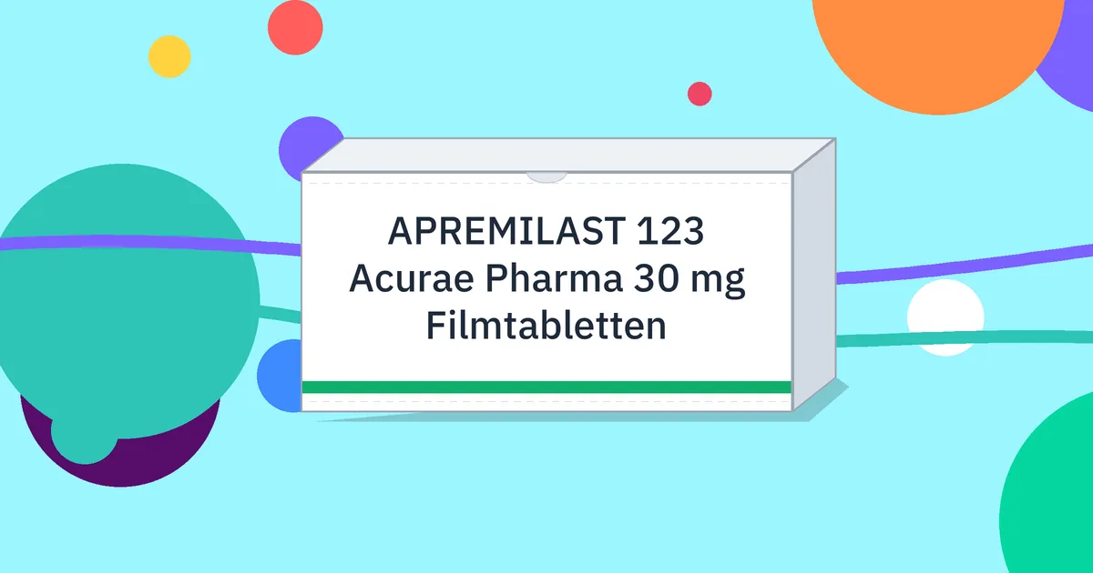 Symbolbild: Packung mit der Aufschrift APREMILAST 123 Acurae Pharma 30 mg Filmtabletten (PZN 20228550) – Verfügbarkeit und Bezug in Apotheken in Frankfurt am Main
