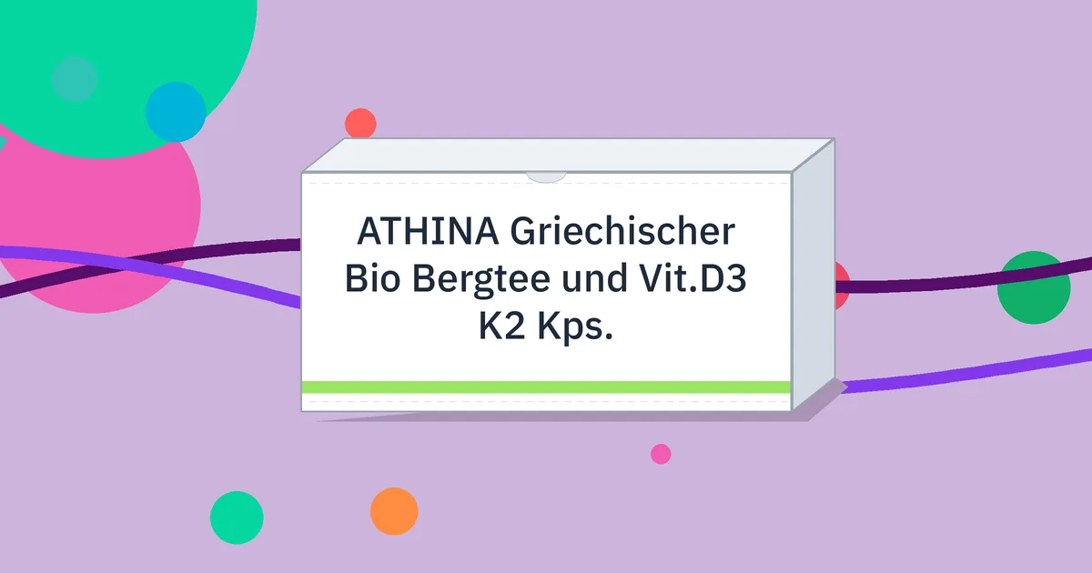 Symbolbild: Packung mit der Aufschrift ATHINA Griechischer Bio Bergtee und Vit.D3 K2 Kps. (PZN 20207909) – Verfügbarkeit und Bezug in Apotheken in Frankfurt am Main