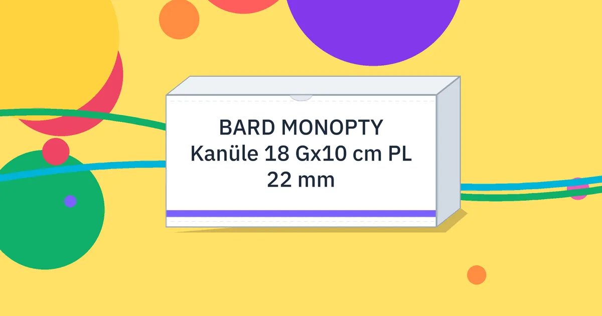 Symbolbild: Packung mit der Aufschrift BARD MONOPTY Kanüle 18 Gx10 cm PL 22 mm (PZN 07780521) – Verfügbarkeit und Bezug in Apotheken in Frankfurt am Main