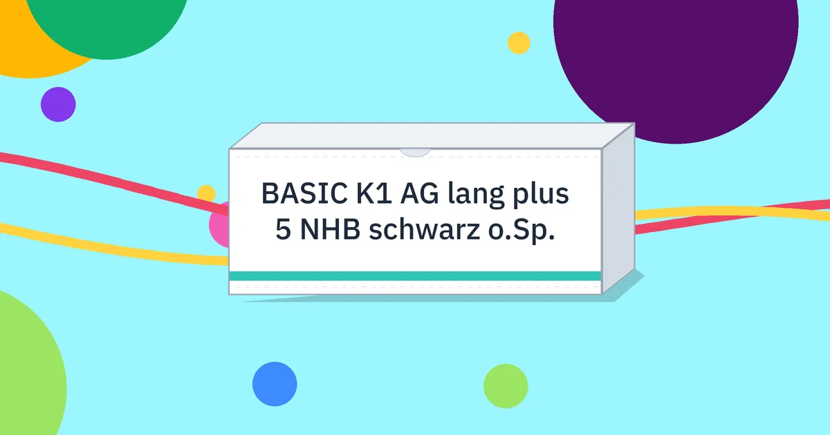 Symbolbild: Packung mit der Aufschrift BASIC K1 AG lang plus 5 NHB schwarz o.Sp. (PZN 20261257) – Verfügbarkeit und Bezug in Apotheken in Frankfurt am Main