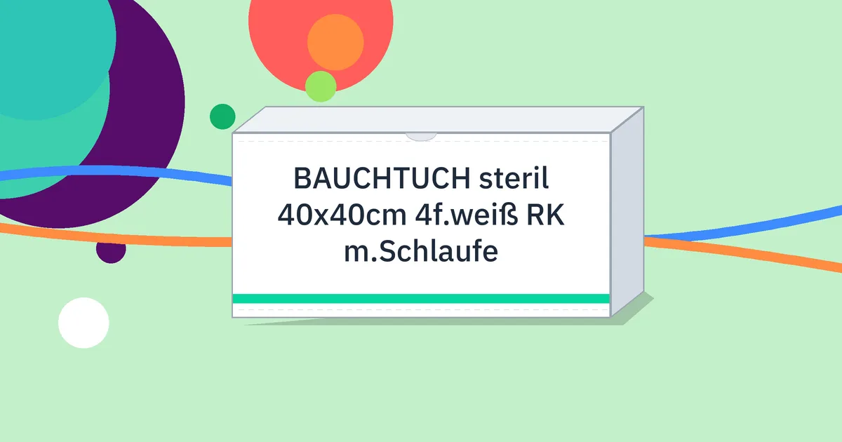 Symbolbild: Packung mit der Aufschrift BAUCHTUCH steril 40x40cm 4f.weiß RK m.Schlaufe (PZN 13166340) – Verfügbarkeit und Bezug in Apotheken in Frankfurt am Main