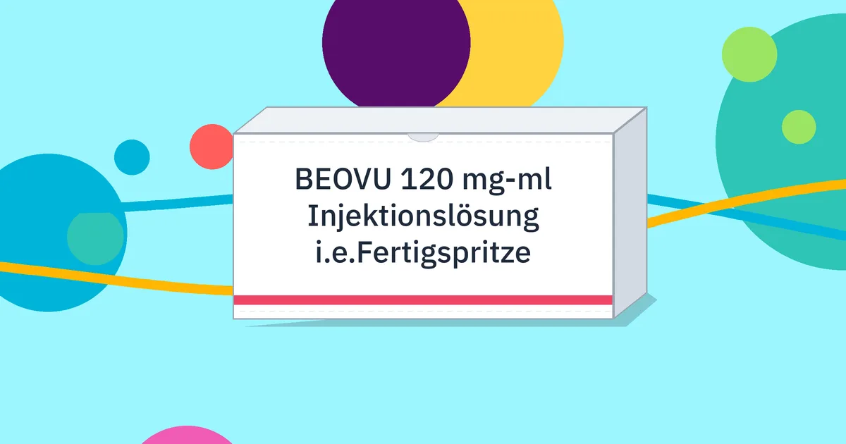 Symbolbild: Packung mit der Aufschrift BEOVU 120 mg-ml Injektionslösung i.e.Fertigspritze (PZN 20109029) – Verfügbarkeit und Bezug in Apotheken in Frankfurt am Main
