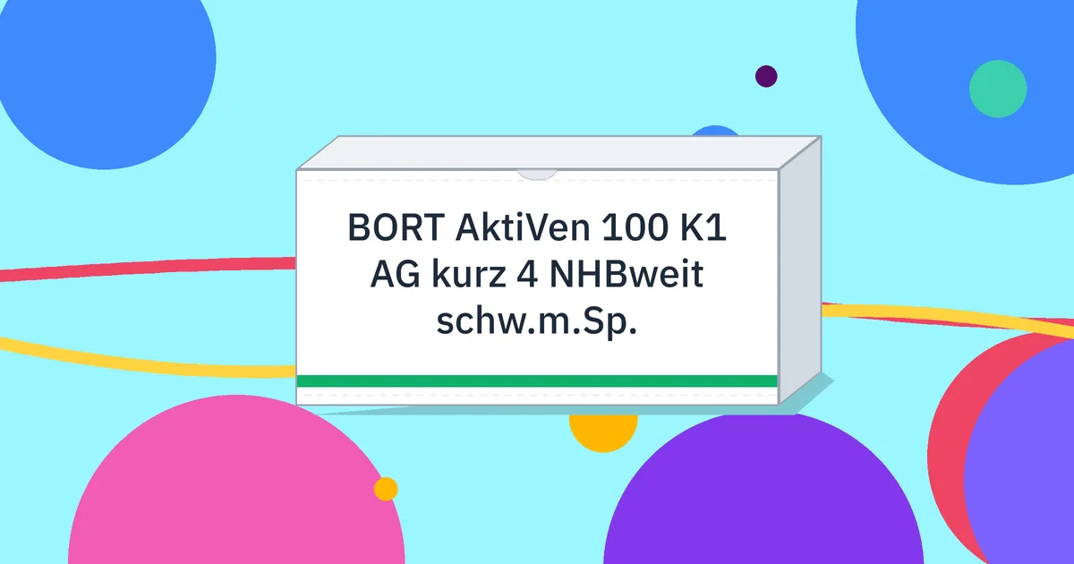 Symbolbild: Packung mit der Aufschrift BORT AktiVen 100 K1 AG kurz 4 NHBweit schw.m.Sp. (PZN 14388516) – Verfügbarkeit und Bezug in Apotheken in Frankfurt am Main