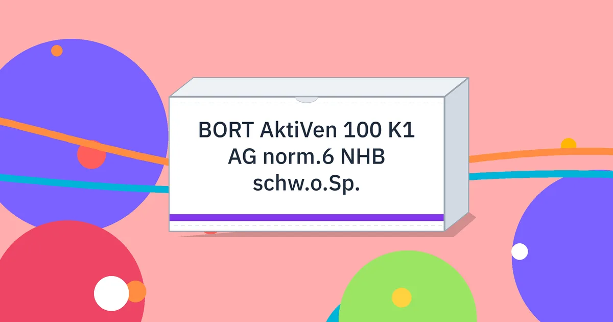 Symbolbild: Packung mit der Aufschrift BORT AktiVen 100 K1 AG norm.6 NHB schw.o.Sp. (PZN 14387592) – Verfügbarkeit und Bezug in Apotheken in Frankfurt am Main