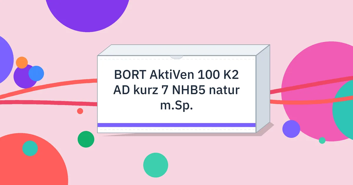 Symbolbild: Packung mit der Aufschrift BORT AktiVen 100 K2 AD kurz 7 NHB5 natur m.Sp. (PZN 17494087) – Verfügbarkeit und Bezug in Apotheken in Frankfurt am Main