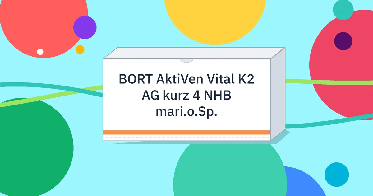 Symbolbild: Packung mit der Aufschrift BORT AktiVen Vital K2 AG kurz 4 NHB mari.o.Sp. (PZN 13732880) – Verfügbarkeit und Bezug in Apotheken in Frankfurt am Main