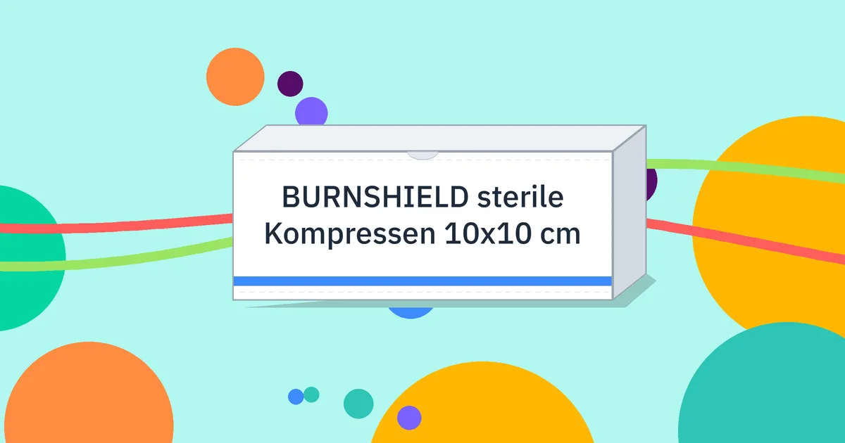 Symbolbild: Packung mit der Aufschrift BURNSHIELD sterile Kompressen 10x10 cm (PZN 09107805) – Verfügbarkeit und Bezug in Apotheken in Frankfurt am Main