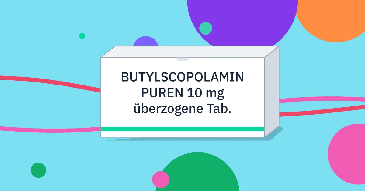 Symbolbild: Packung mit der Aufschrift BUTYLSCOPOLAMIN PUREN 10 mg überzogene Tab. (PZN 17606563) – Verfügbarkeit und Bezug in Apotheken in Frankfurt am Main