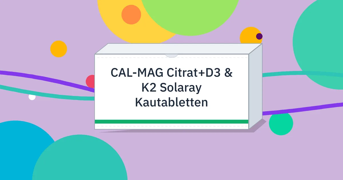 Symbolbild: Packung mit der Aufschrift CAL-MAG Citrat+D3 & K2 Solaray Kautabletten (PZN 17253596) – Verfügbarkeit und Bezug in Apotheken in Frankfurt am Main