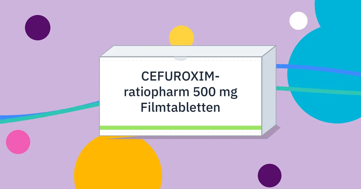 Symbolbild: Packung mit der Aufschrift CEFUROXIM-ratiopharm 500 mg Filmtabletten (PZN 01267018) – Verfügbarkeit und Bezug in Apotheken in Frankfurt am Main