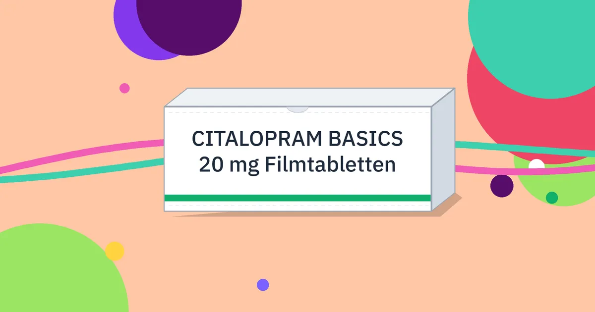 Symbolbild: Packung mit der Aufschrift CITALOPRAM BASICS 20 mg Filmtabletten (PZN 04085016) – Verfügbarkeit und Bezug in Apotheken in Frankfurt am Main