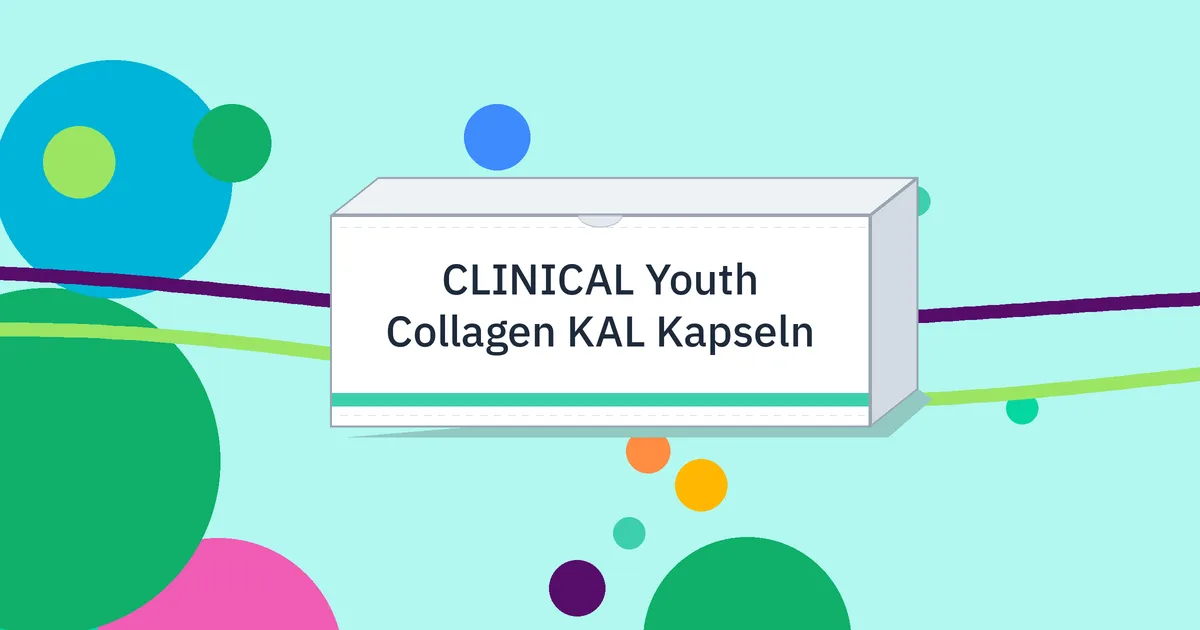 Symbolbild: Packung mit der Aufschrift CLINICAL Youth Collagen KAL Kapseln (PZN 17214627) – Verfügbarkeit und Bezug in Apotheken in Frankfurt am Main