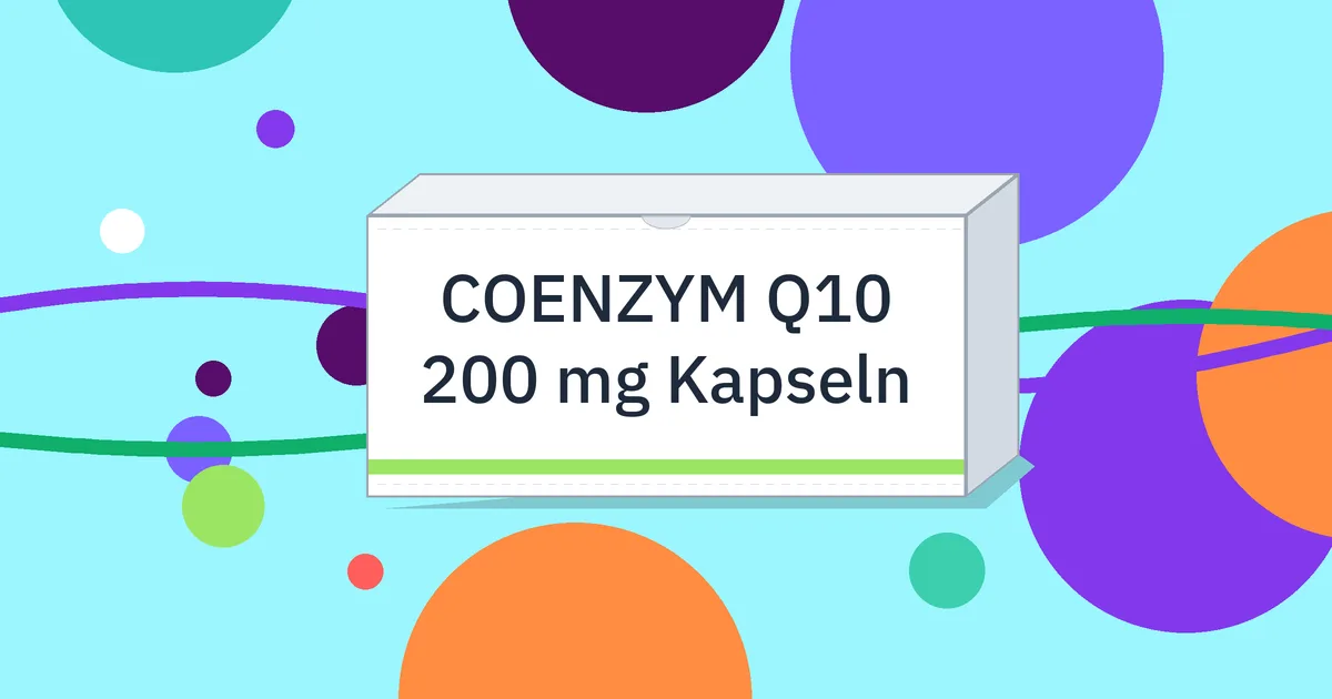 Symbolbild: Packung mit der Aufschrift COENZYM Q10 200 mg Kapseln (PZN 20339338) – Verfügbarkeit und Bezug in Apotheken in Frankfurt am Main
