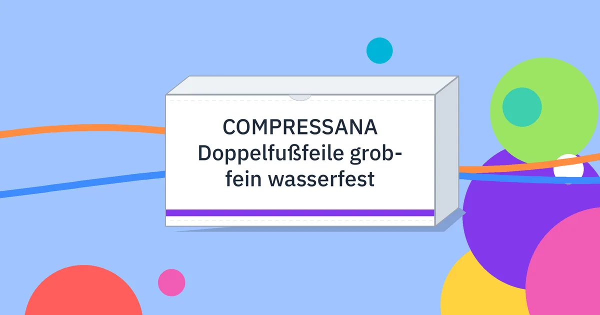 Symbolbild: Packung mit der Aufschrift COMPRESSANA Doppelfußfeile grob-fein wasserfest (PZN 11182398) – Verfügbarkeit und Bezug in Apotheken in Frankfurt am Main