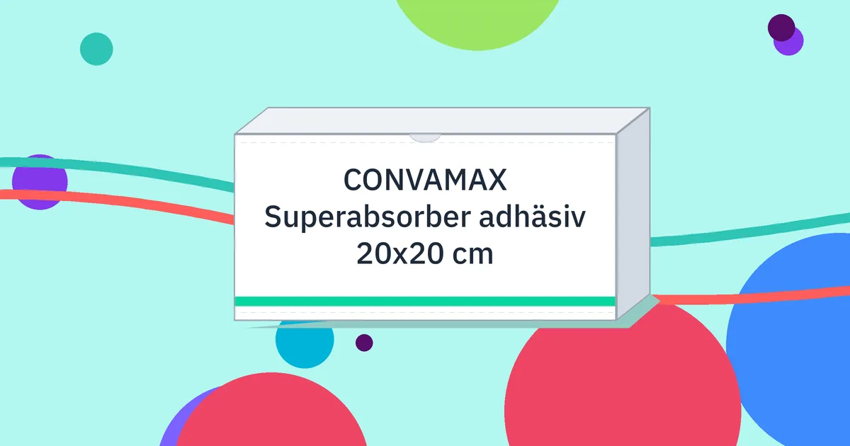 Symbolbild: Packung mit der Aufschrift CONVAMAX Superabsorber adhäsiv 20x20 cm (PZN 18037558) – Verfügbarkeit und Bezug in Apotheken in Frankfurt am Main