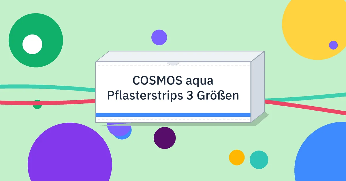 Symbolbild: Packung mit der Aufschrift COSMOS aqua Pflasterstrips 3 Größen (PZN 16823175) – Verfügbarkeit und Bezug in Apotheken in Frankfurt am Main