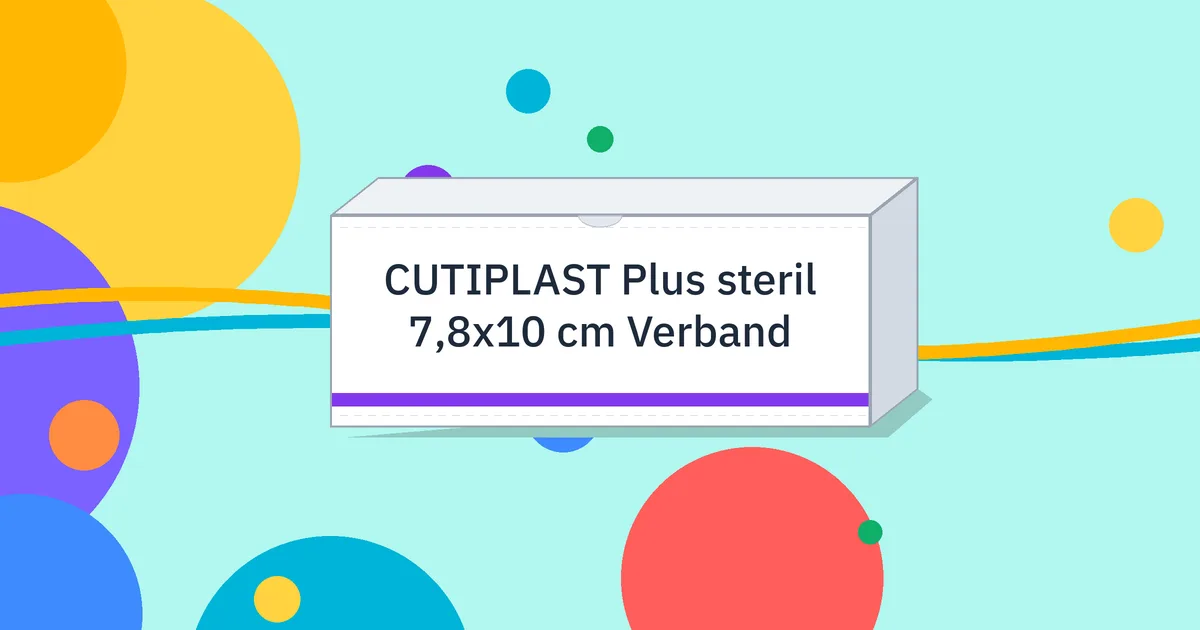 Symbolbild: Packung mit der Aufschrift CUTIPLAST Plus steril 7,8x10 cm Verband (PZN 18363068) – Verfügbarkeit und Bezug in Apotheken in Frankfurt am Main