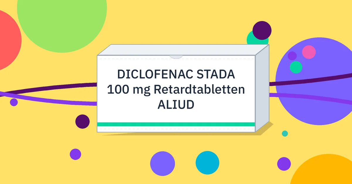 Symbolbild: Packung mit der Aufschrift DICLOFENAC STADA 100 mg Retardtabletten ALIUD (PZN 11010964) – Verfügbarkeit und Bezug in Apotheken in Frankfurt am Main