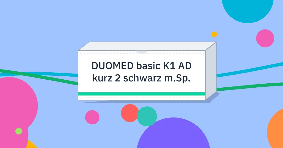 Symbolbild: Packung mit der Aufschrift DUOMED basic K1 AD kurz 2 schwarz m.Sp. (PZN 20904146) – Verfügbarkeit und Bezug in Apotheken in Frankfurt am Main