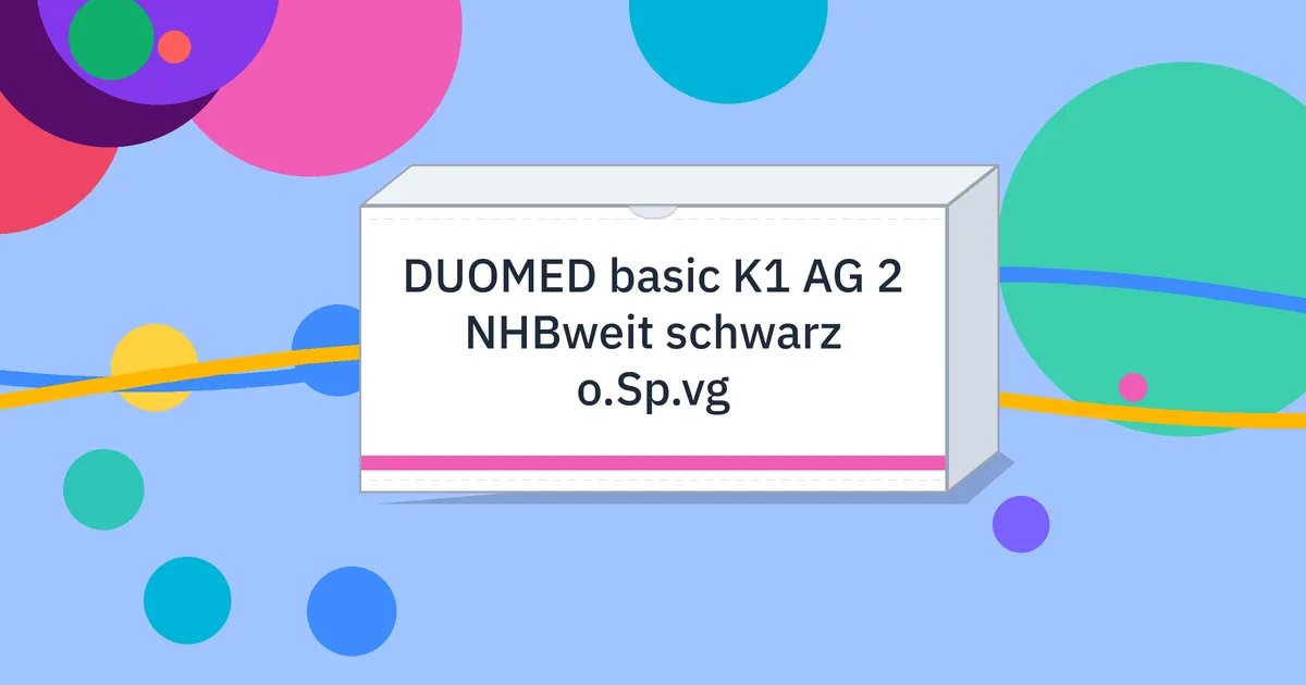 Symbolbild: Packung mit der Aufschrift DUOMED basic K1 AG 2 NHBweit schwarz o.Sp.vg (PZN 20905737) – Verfügbarkeit und Bezug in Apotheken in Frankfurt am Main