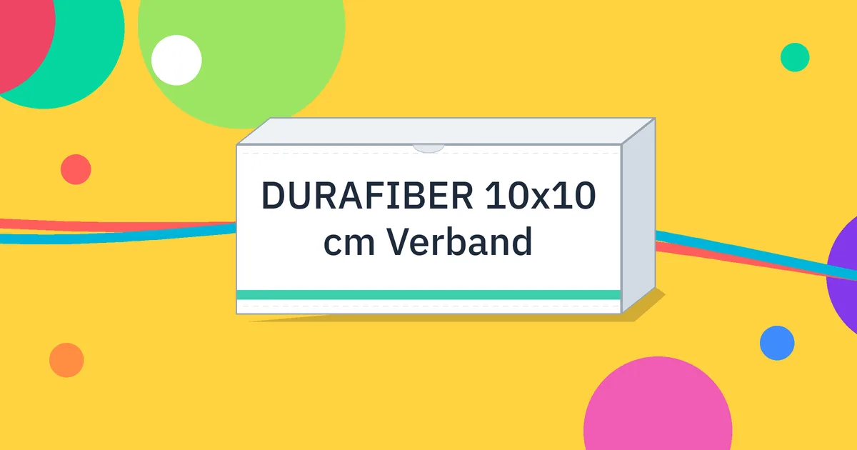 Symbolbild: Packung mit der Aufschrift DURAFIBER 10x10 cm Verband (PZN 16655743) – Verfügbarkeit und Bezug in Apotheken in Frankfurt am Main