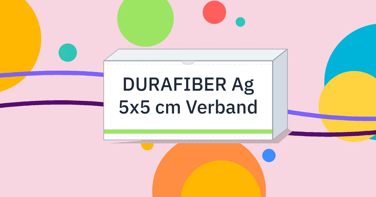 Symbolbild: Packung mit der Aufschrift DURAFIBER Ag 5x5 cm Verband (PZN 18129272) – Verfügbarkeit und Bezug in Apotheken in Frankfurt am Main