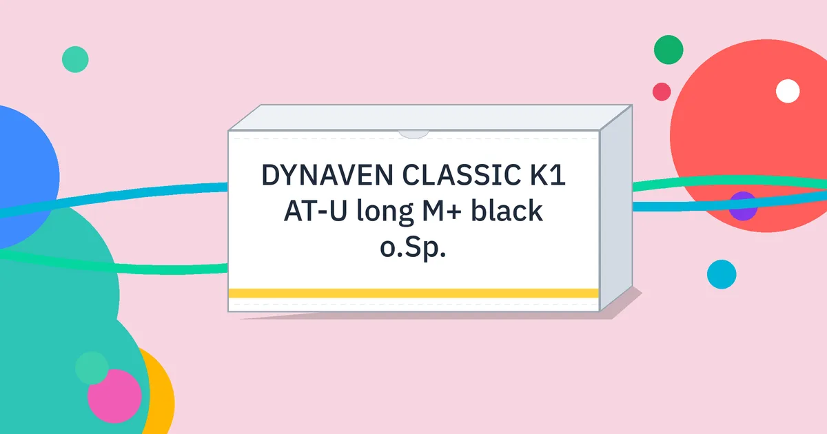 Symbolbild: Packung mit der Aufschrift DYNAVEN CLASSIC K1 AT-U long M+ black o.Sp. (PZN 18416617) – Verfügbarkeit und Bezug in Apotheken in Frankfurt am Main
