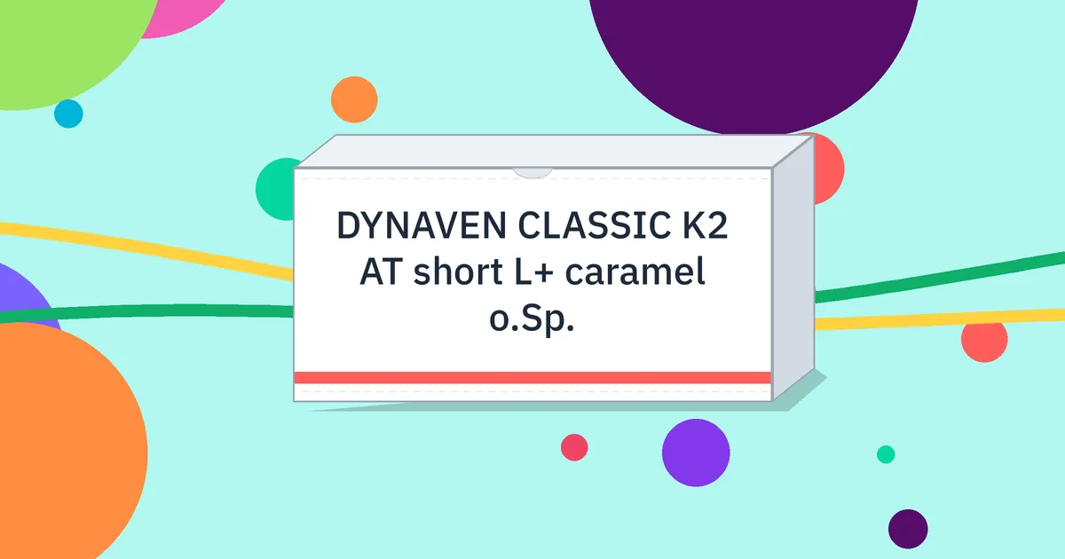 Symbolbild: Packung mit der Aufschrift DYNAVEN CLASSIC K2 AT short L+ caramel o.Sp. (PZN 18419113) – Verfügbarkeit und Bezug in Apotheken in Frankfurt am Main