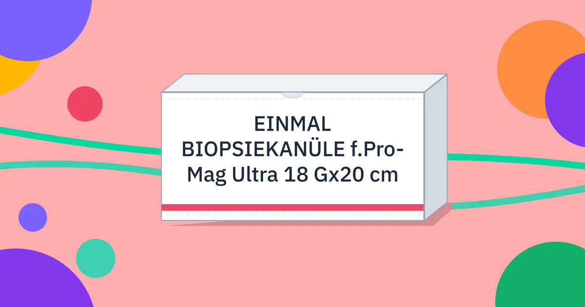 Symbolbild: Packung mit der Aufschrift EINMAL BIOPSIEKANÜLE f.Pro-Mag Ultra 18 Gx20 cm (PZN 18812247) – Verfügbarkeit und Bezug in Apotheken in Frankfurt am Main