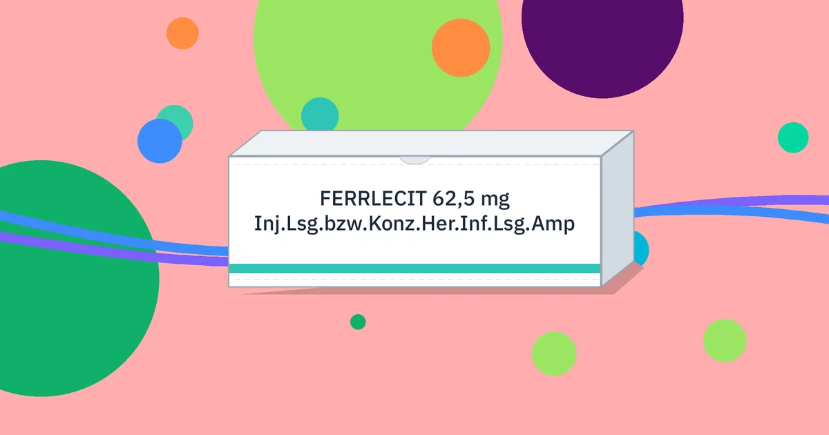 Symbolbild: Packung mit der Aufschrift FERRLECIT 62,5 mg Inj.Lsg.bzw.Konz.Her.Inf.Lsg.Amp (PZN 10020593) – Verfügbarkeit und Bezug in Apotheken in Frankfurt am Main