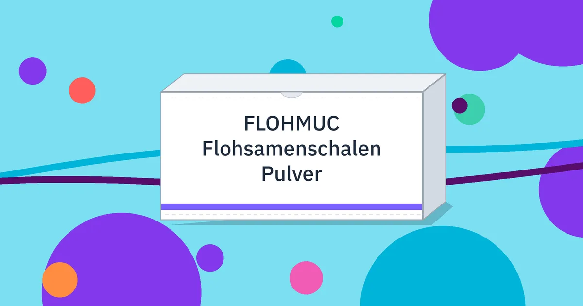 Symbolbild: Packung mit der Aufschrift FLOHMUC Flohsamenschalen Pulver (PZN 19665653) – Verfügbarkeit und Bezug in Apotheken in Frankfurt am Main