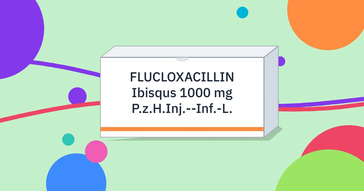 Symbolbild: Packung mit der Aufschrift FLUCLOXACILLIN Ibisqus 1000 mg P.z.H.Inj.--Inf.-L. (PZN 14407633) – Verfügbarkeit und Bezug in Apotheken in Frankfurt am Main