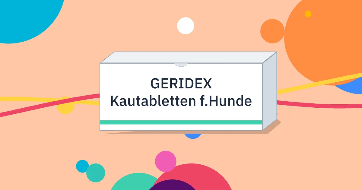Symbolbild: Packung mit der Aufschrift GERIDEX Kautabletten f.Hunde (PZN 17834873) – Verfügbarkeit und Bezug in Apotheken in Frankfurt am Main